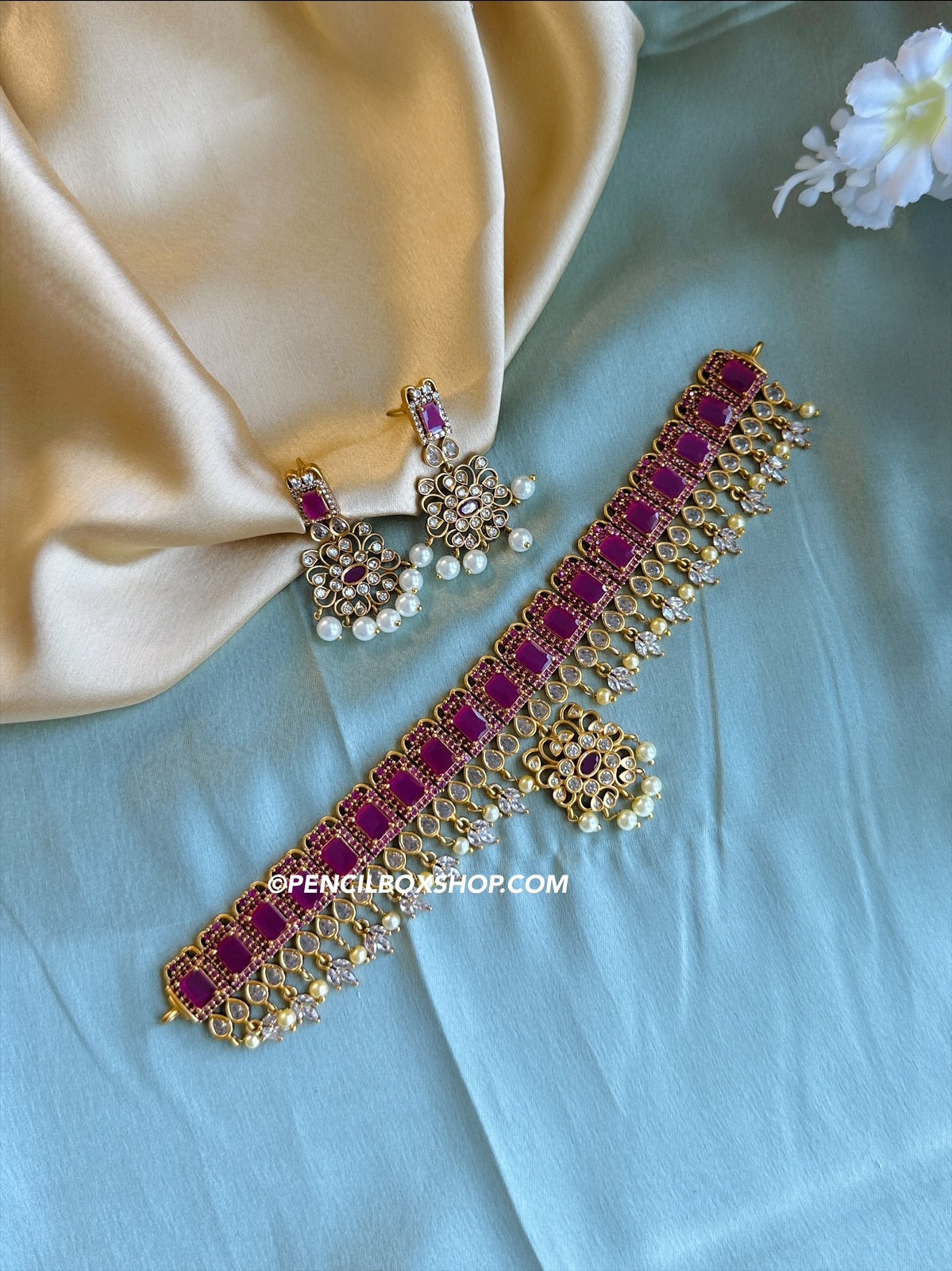 Ruby Golden CZ Kemp Stone Choker Necklace Set Temple Jewelry