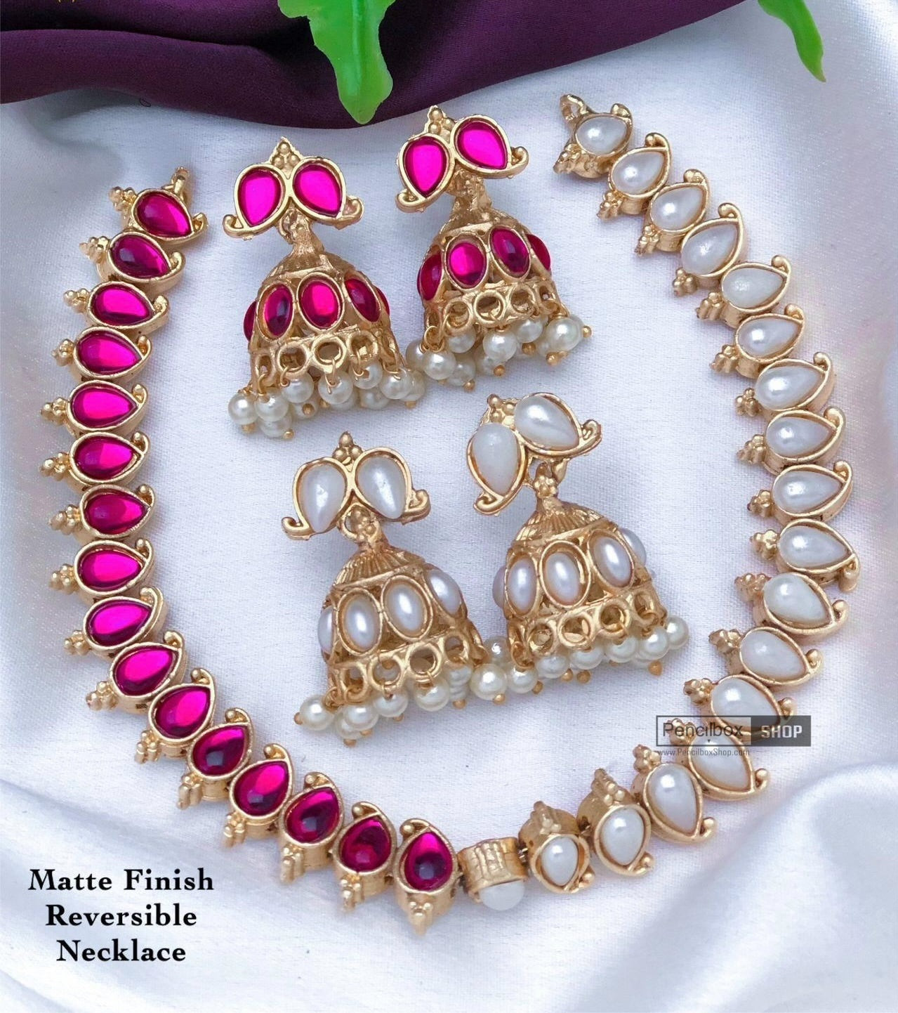 Pearl Ruby Changeable Matte Golden Stone Necklace Set Temple Jewelry