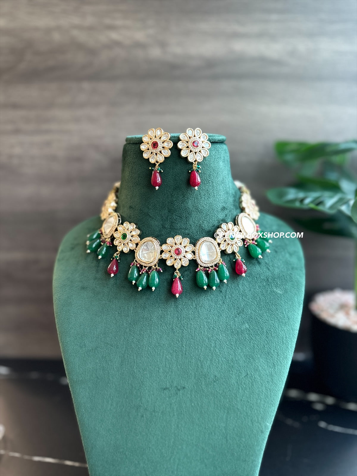 Ruby green Dainty Uncut Kundan American Diamond Necklace set ...