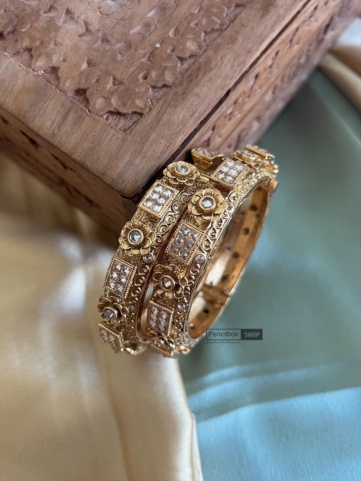 Set of 2 Bangles golden polki Cz stone Openable Kundan Stone gold fini ...