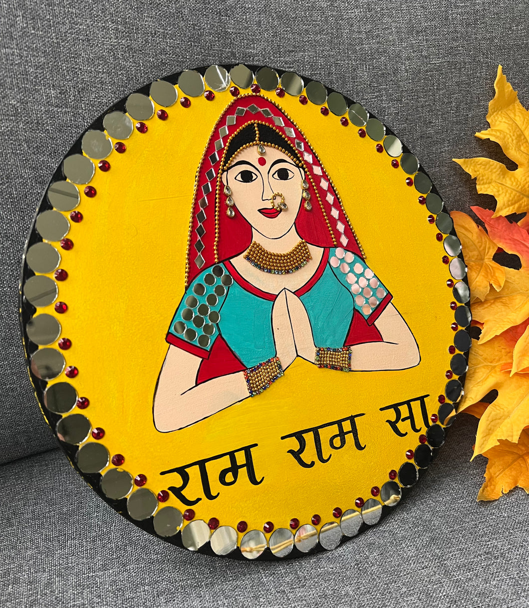 Handpainted RAM RAM SA ( Hindi) Yellow Mirror Women Wall Hanging ...