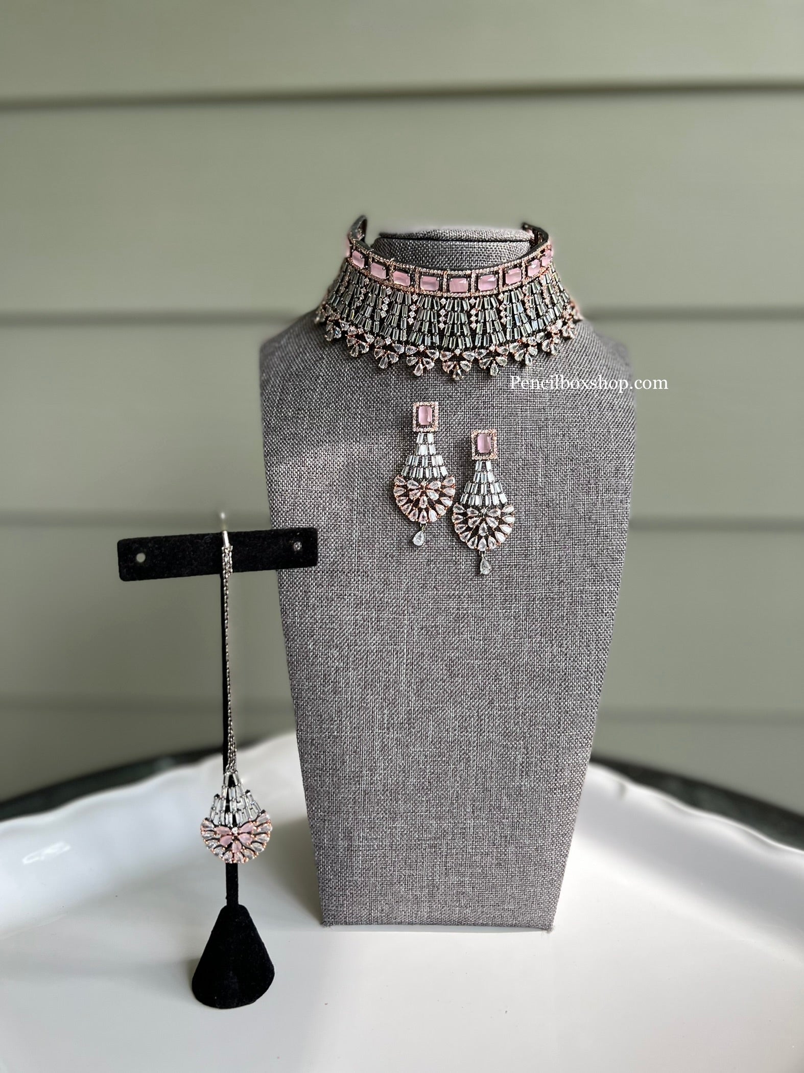 Alia American Diamond Pink Dual Tone Rose Gold Silver Premium Choker N ...